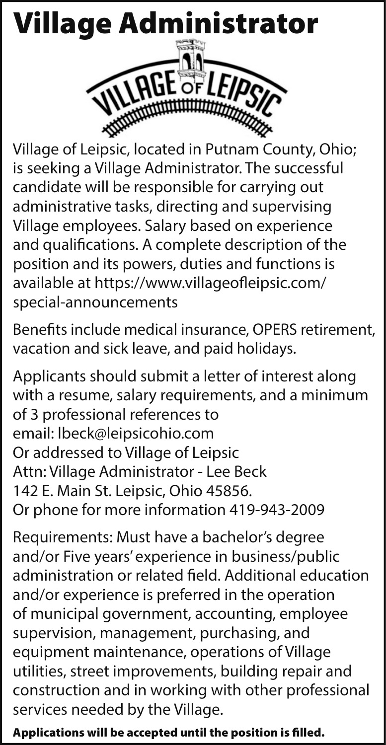 Village Administrator, Village of Leipsic